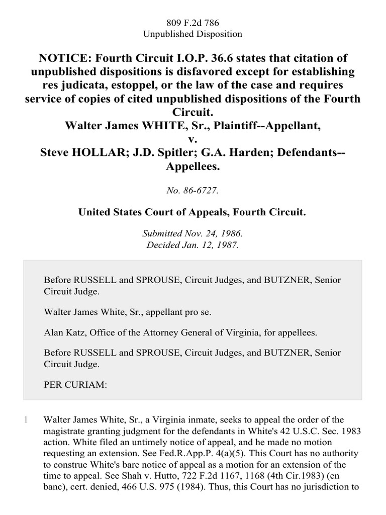 Walter James White, Sr. v. Steve Hollar J.D. Spitler G.A. Harden, 809 F ...