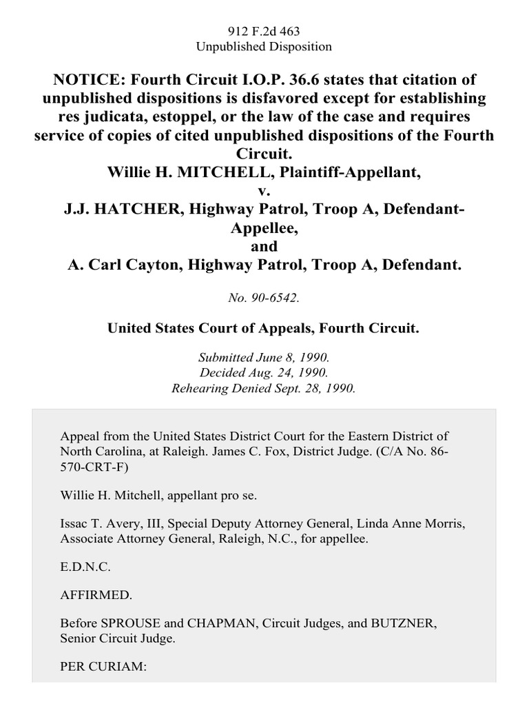 Willie H. Mitchell v. J.J. Hatcher, Highway Patrol, Troop A, and A ...