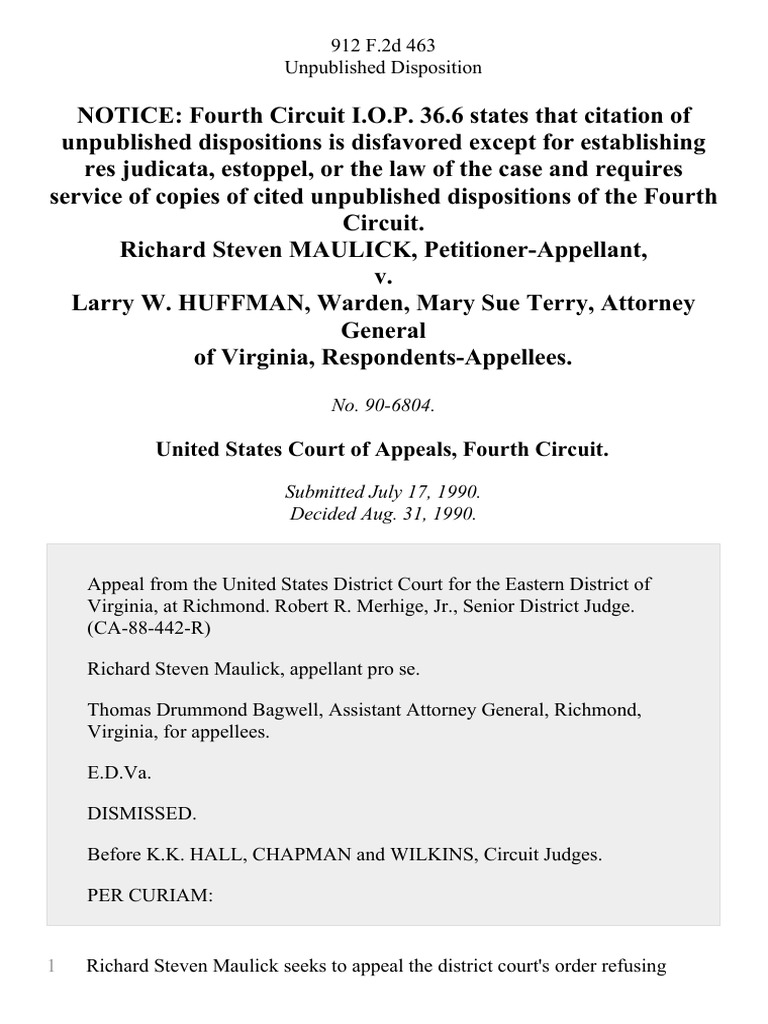 Richard Steven Maulick v. Larry W. Huffman, Warden, Mary Sue Terry ...