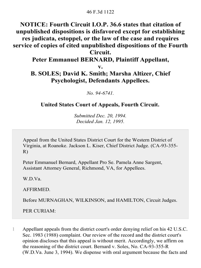 Peter Emmanuel Bernard v. B. Soles David K. Smith Marsha Altizer, Chief ...