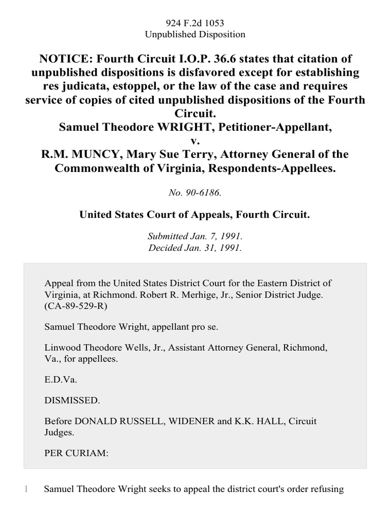 Samuel Theodore Wright v. R.M. Muncy, Mary Sue Terry, Attorney General ...