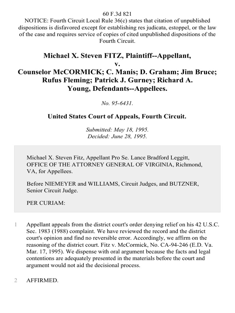 Michael X. Steven Fitz v. Counselor McCormick C. Manis D. Graham Jim ...