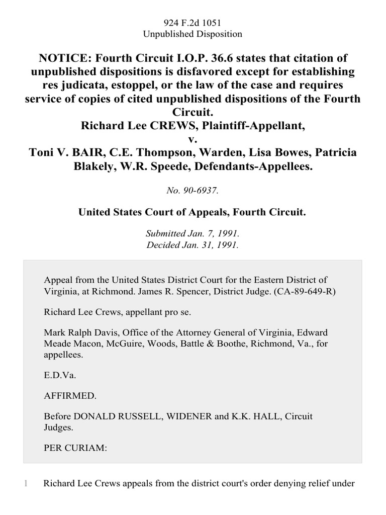 Richard Lee Crews v. Toni v. Bair, C.E. Thompson, Warden, Lisa Bowes ...