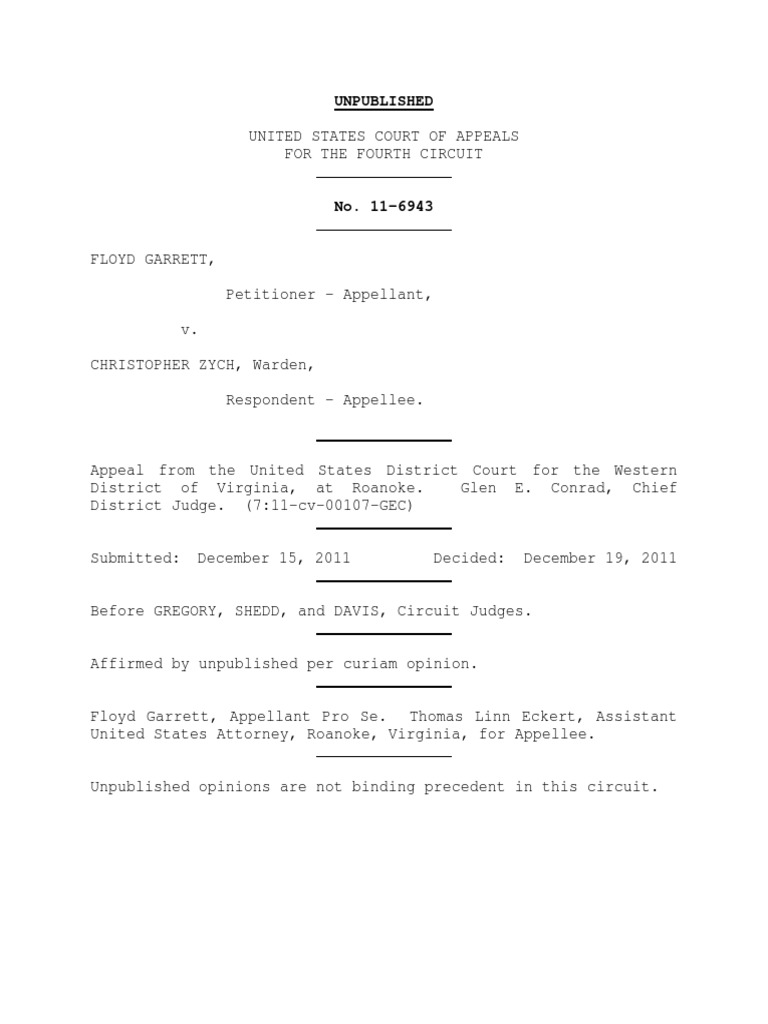 Floyd Garrett v. Christopher Zych, 4th Cir. (2011) | PDF