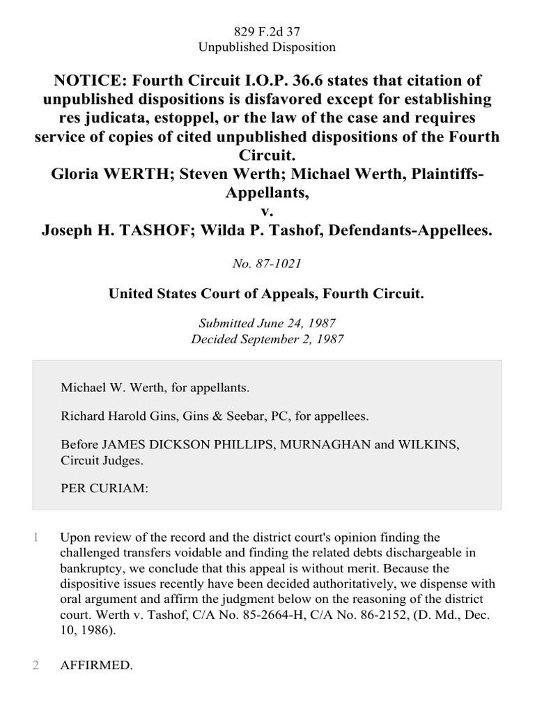 Gloria Werth Steven Werth Michael Werth v. Joseph H. Tashof Wilda P ...