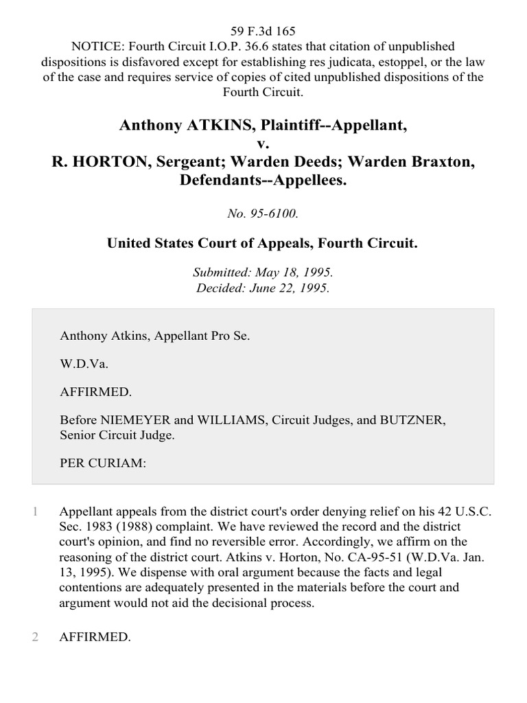 Anthony Atkins v. R. Horton, Sergeant Warden Deeds Warden Braxton, 59 F ...