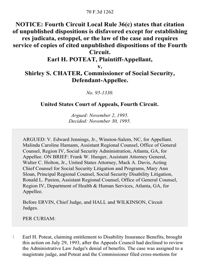 Earl H. Poteat v. Shirley S. Chater, Commissioner of Social Security ...