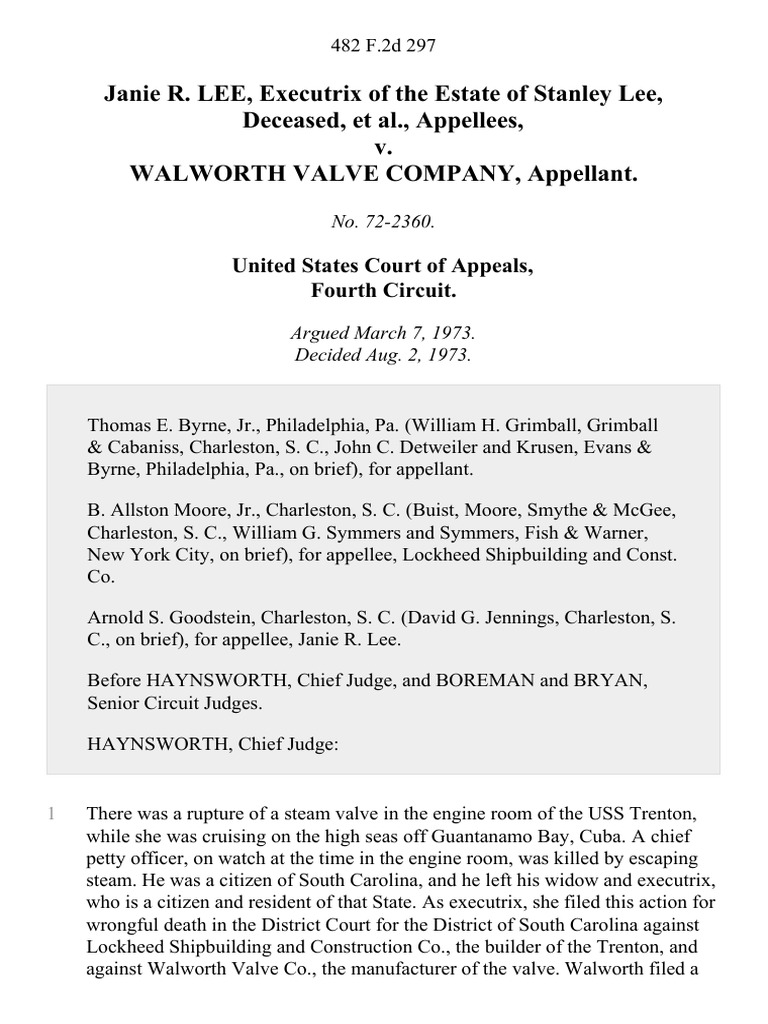 Janie R. Lee, of The Estate of Stanley Lee, Deceased v. Walworth Valve ...