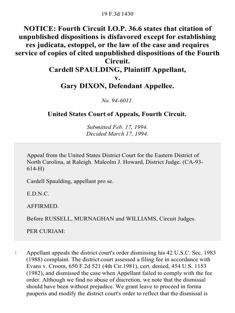 Fourth Circuit Case: Spaulding v. Dixon | PDF