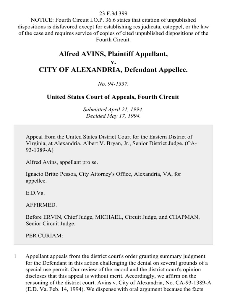 Avins v. Alexandria Appeal Affirmed | PDF