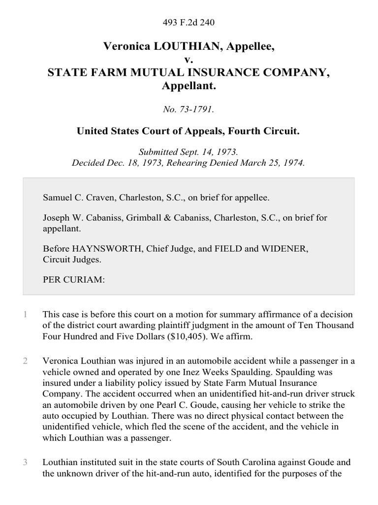Veronica Louthian v. State Farm Mutual Insurance Company, 493 F.2d 240 ...