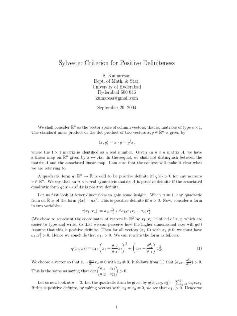 Sylvester Criterion For Positive Definiteness | PDF | Matrix ...
