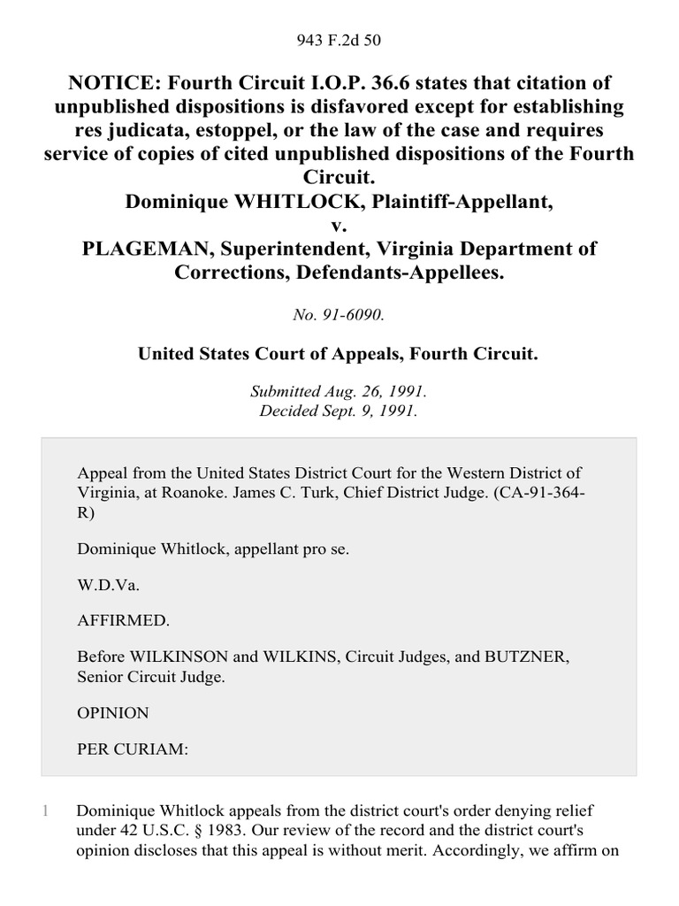 Dominique Whitlock v. Plageman, Superintendent, Virginia Department of ...