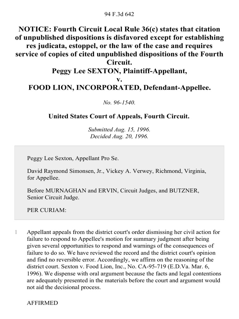 Peggy Lee Sexton v. Food Lion, Incorporated, 94 F.3d 642, 4th Cir ... Peggy Lee Sexton v. Food Lion, Incorporated, 94 F.3d 642, 4th Cir ...