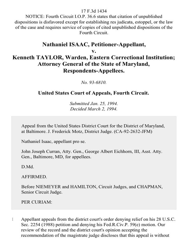 Nathaniel Isaac v. Kenneth Taylor, Warden, Eastern Correctional ...