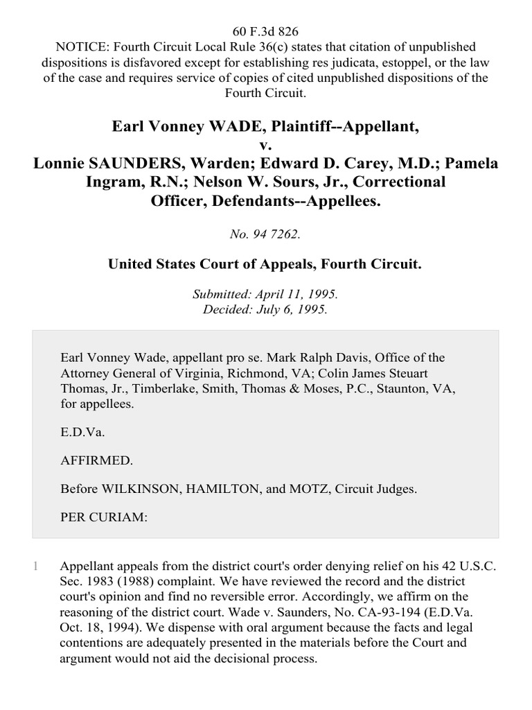 Earl Vonney Wade v. Lonnie Saunders, Warden Edward D. Carey, M.D ...