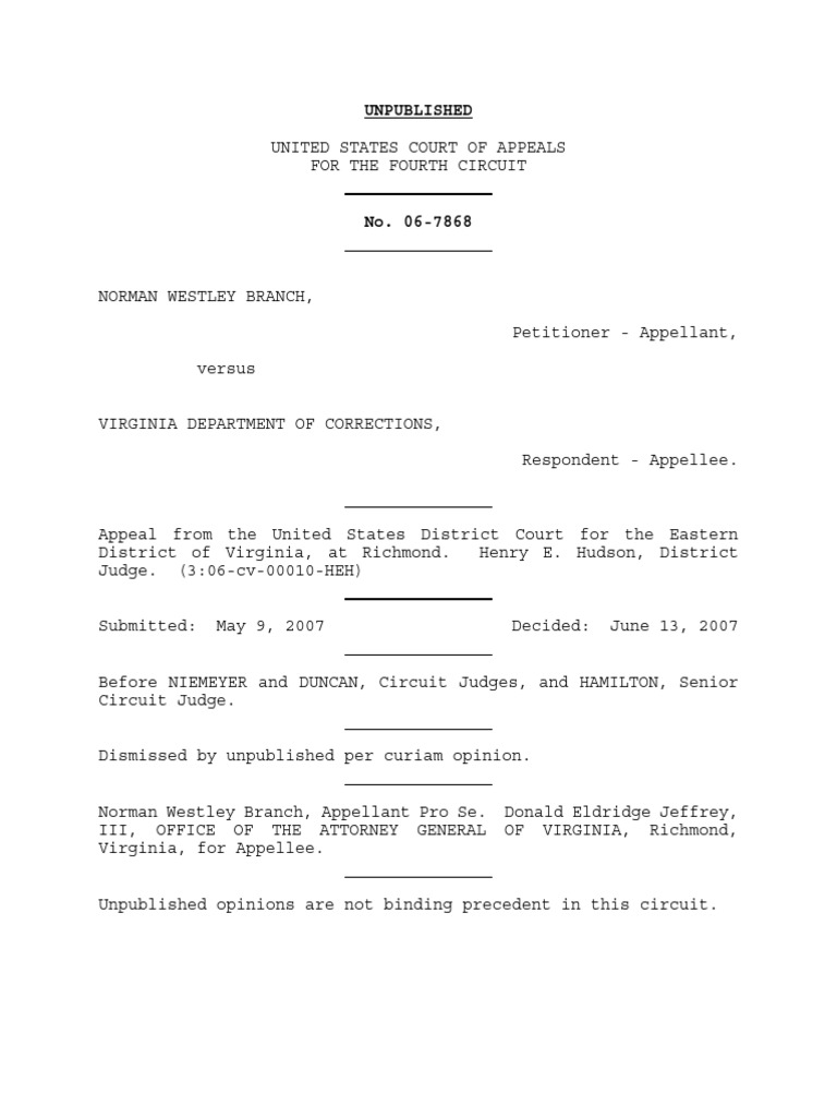 Branch v. VA Dept Corrections, 4th Cir. (2007) | PDF