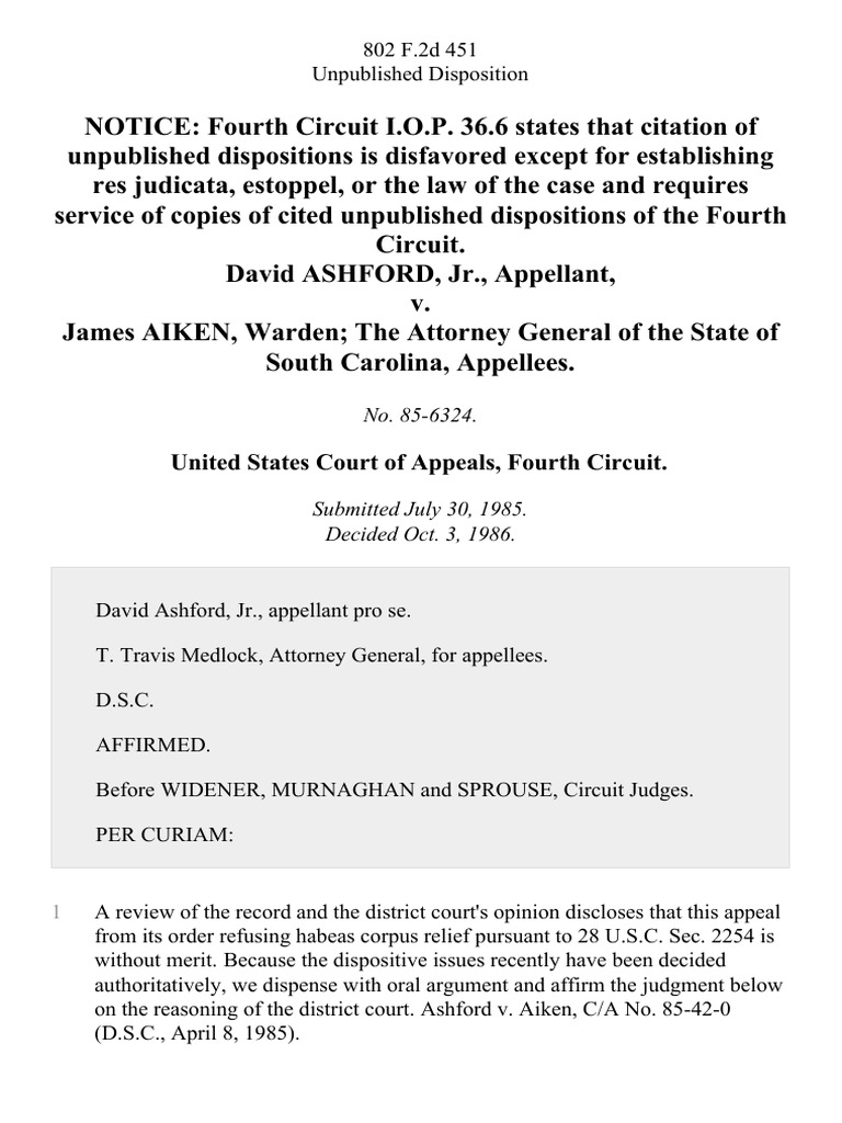 David Ashford, Jr. v. James Aiken, Warden The Attorney General of The ...