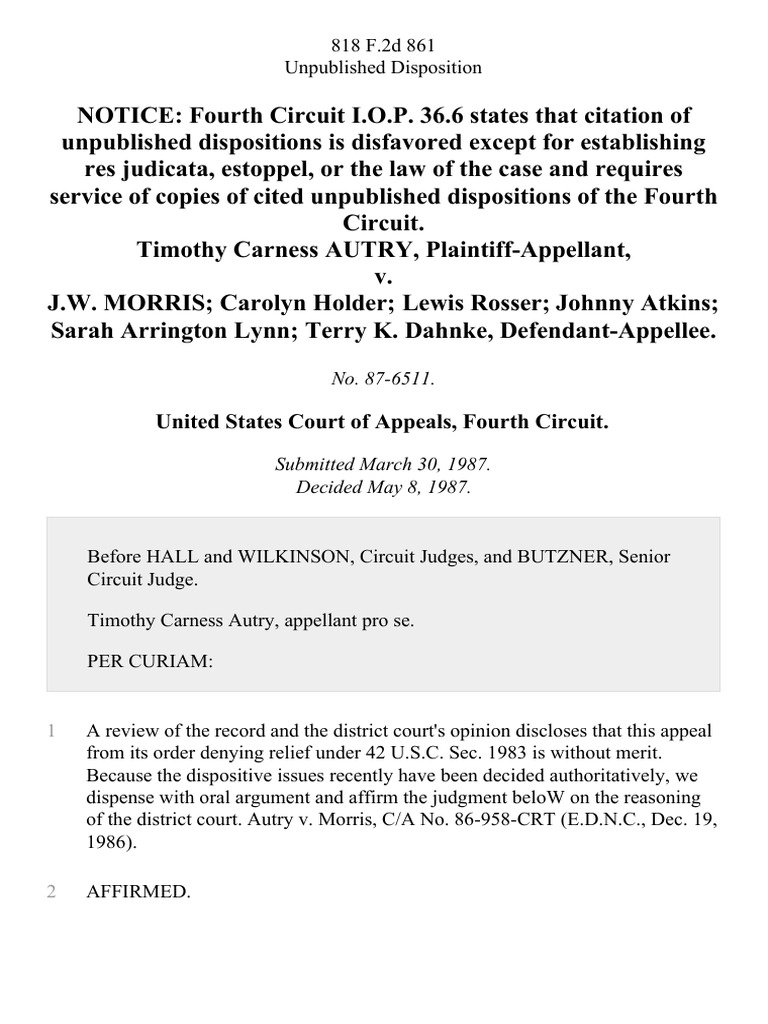 Timothy Carness Autry v. J.W. Morris Carolyn Holder Lewis Rosser Johnny ...