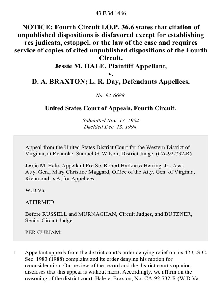 Jessie M. Hale v. D. A. Braxton L. R. Day, 43 F.3d 1466, 4th Cir. (1994 ...