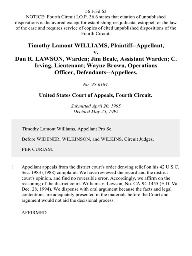 Timothy Lamont Williams v. Dan R. Lawson, Warden Jim Beale, Assistant ...