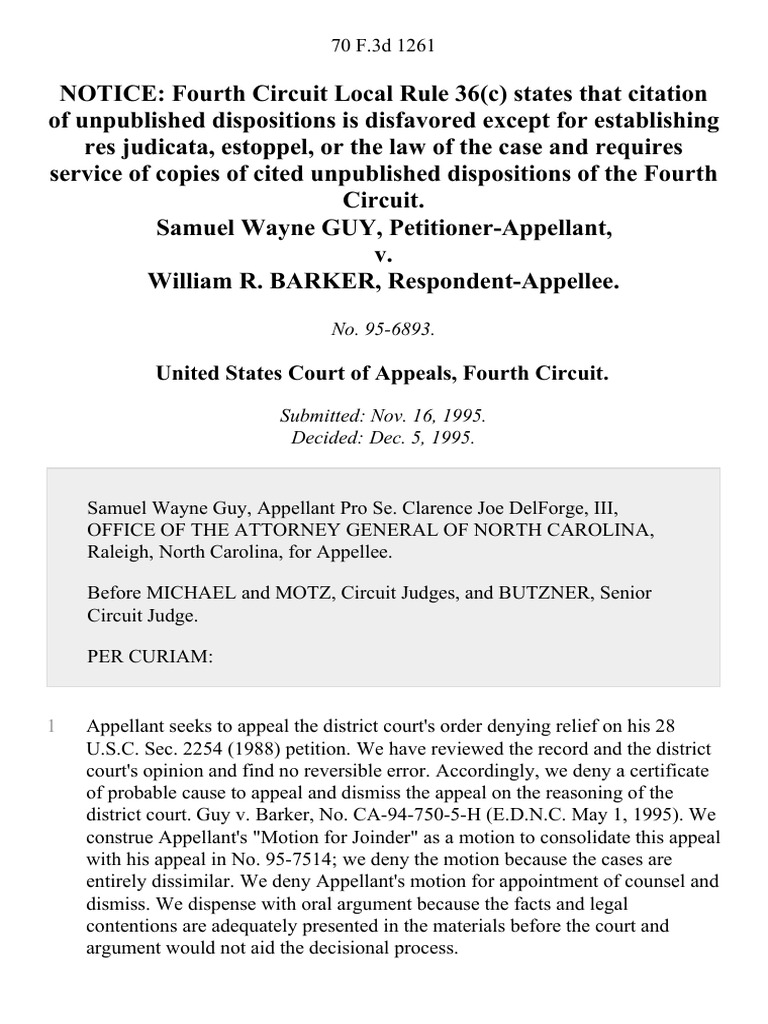 Samuel Wayne Guy v. William R. Barker, 70 F.3d 1261, 4th Cir. (1995 ...