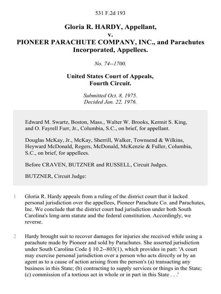 Gloria R. Hardy v. Pioneer Parachute Company, Inc., and Parachutes ...