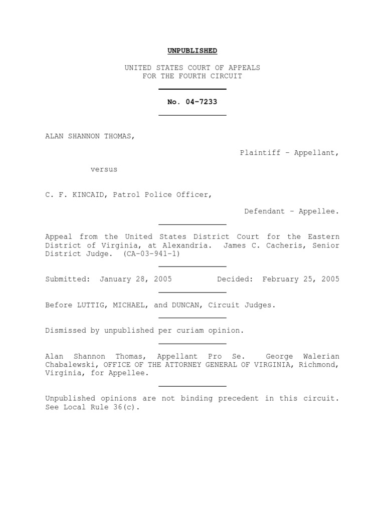 Thomas v. Kincaid, 4th Cir. (2005) | PDF