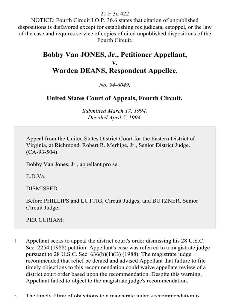Bobby Van JONES, JR., Petitioner Appellant, v. Warden DEANS, Respondent ...