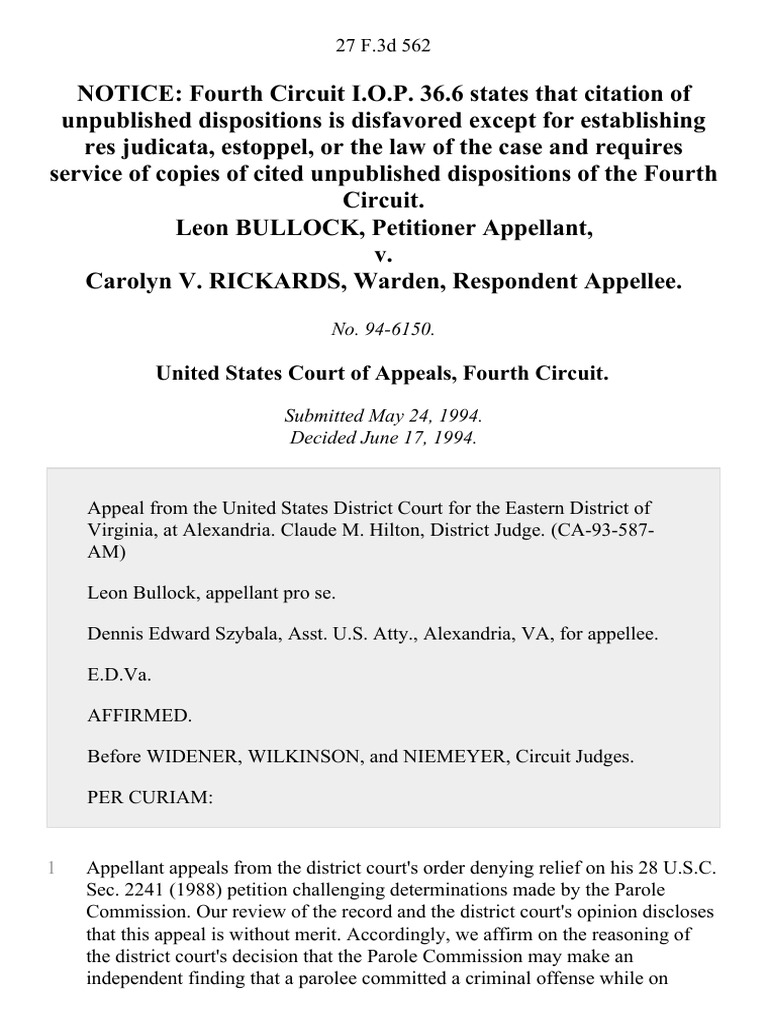 Leon Bullock v. Carolyn v. Rickards, Warden, 27 F.3d 562, 4th Cir ...