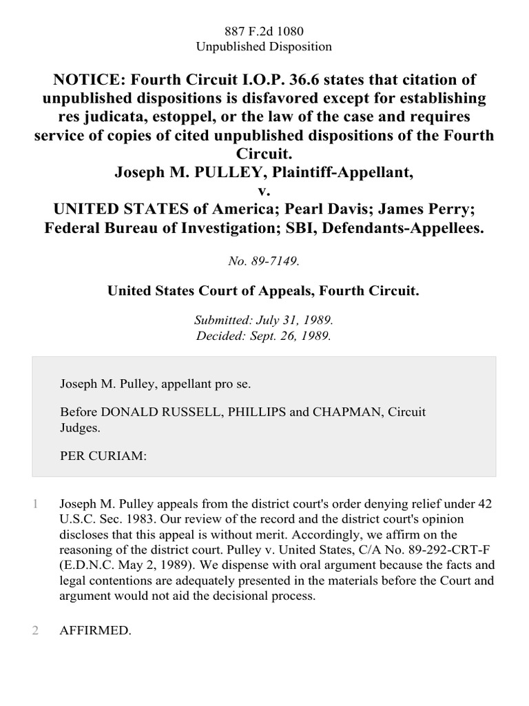 Joseph M. Pulley v. United States of America Pearl Davis James Perry ...