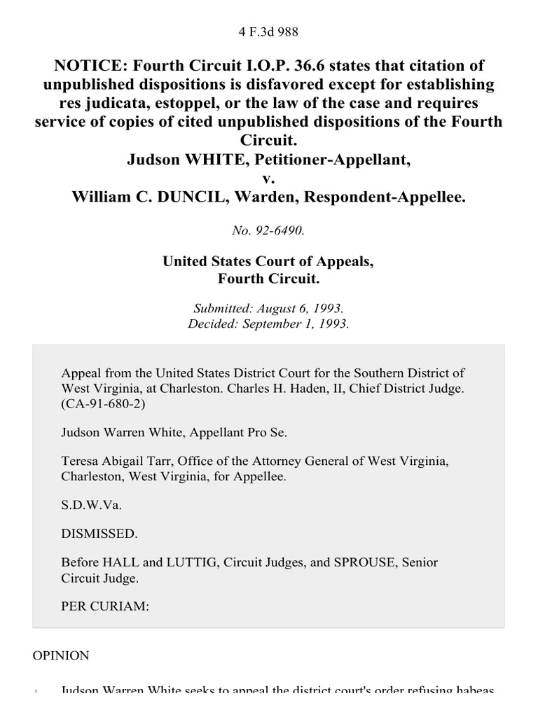 Judson White v. William C. Duncil, Warden, 4 F.3d 988, 4th Cir. (1993 ...