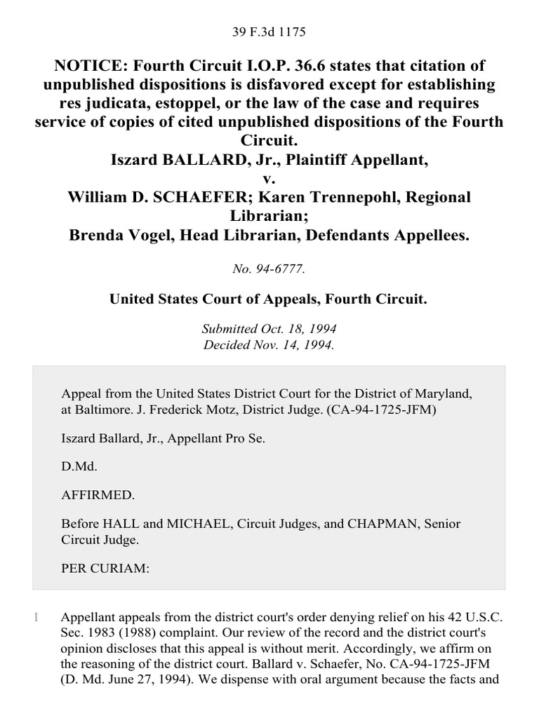 Iszard Ballard, Jr. v. William D. Schaefer Karen Trennepohl, Regional ...