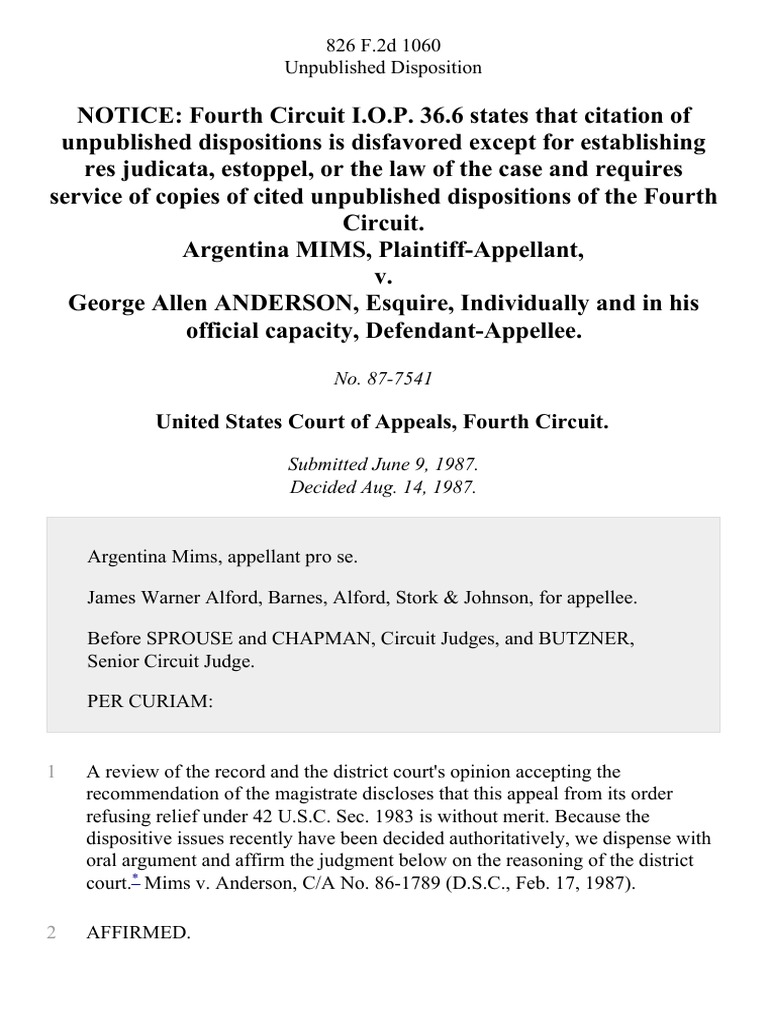 Argentina Mims v. George Allen Anderson, Esquire, Individually and in ...