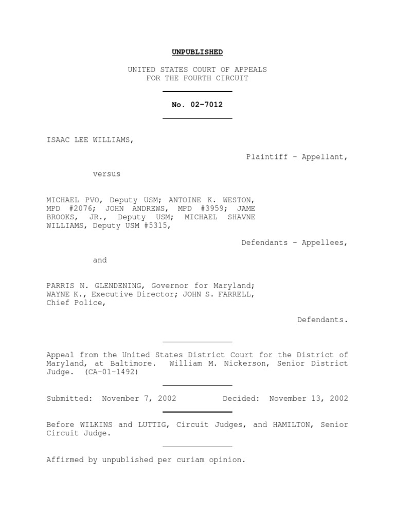 Williams v. Pvo, 4th Cir. (2002) | PDF | Bivens V. Six Unknown Named ...