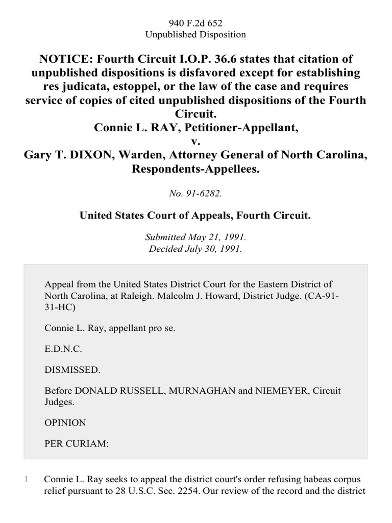 Connie L. Ray v. Gary T. Dixon, Warden, Attorney General of North ...