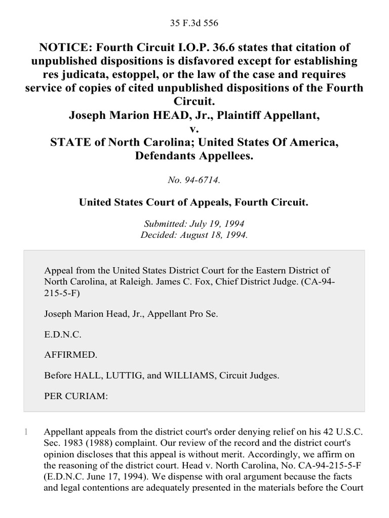 Joseph Marion Head, Jr. v. State of North Carolina United States of ...