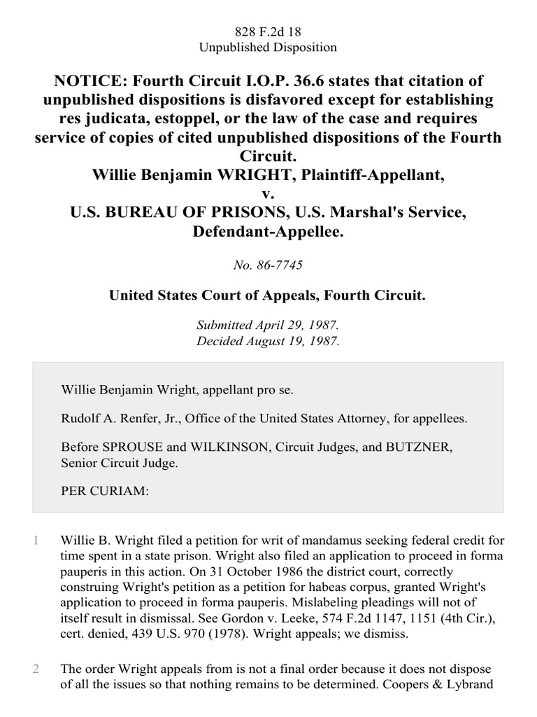 Willie Benjamin Wright v. U.S. Bureau of Prisons, U.S. Marshal's ...