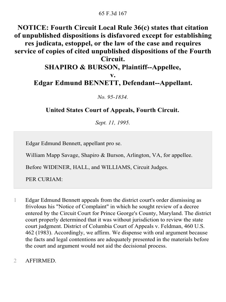 Shapiro & Burson v. Edgar Edmund Bennett, 65 F.3d 167, 4th Cir. (1995 ...