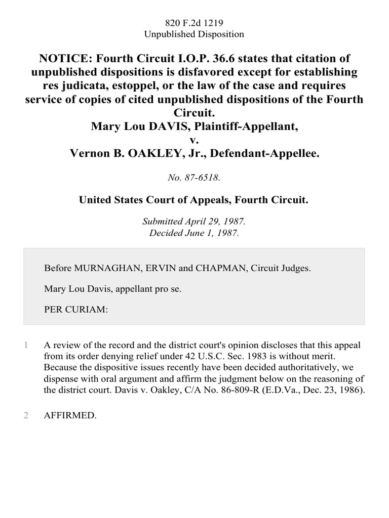 Davis v. Oakley: Fourth Circuit Appeal Summary | PDF | Law