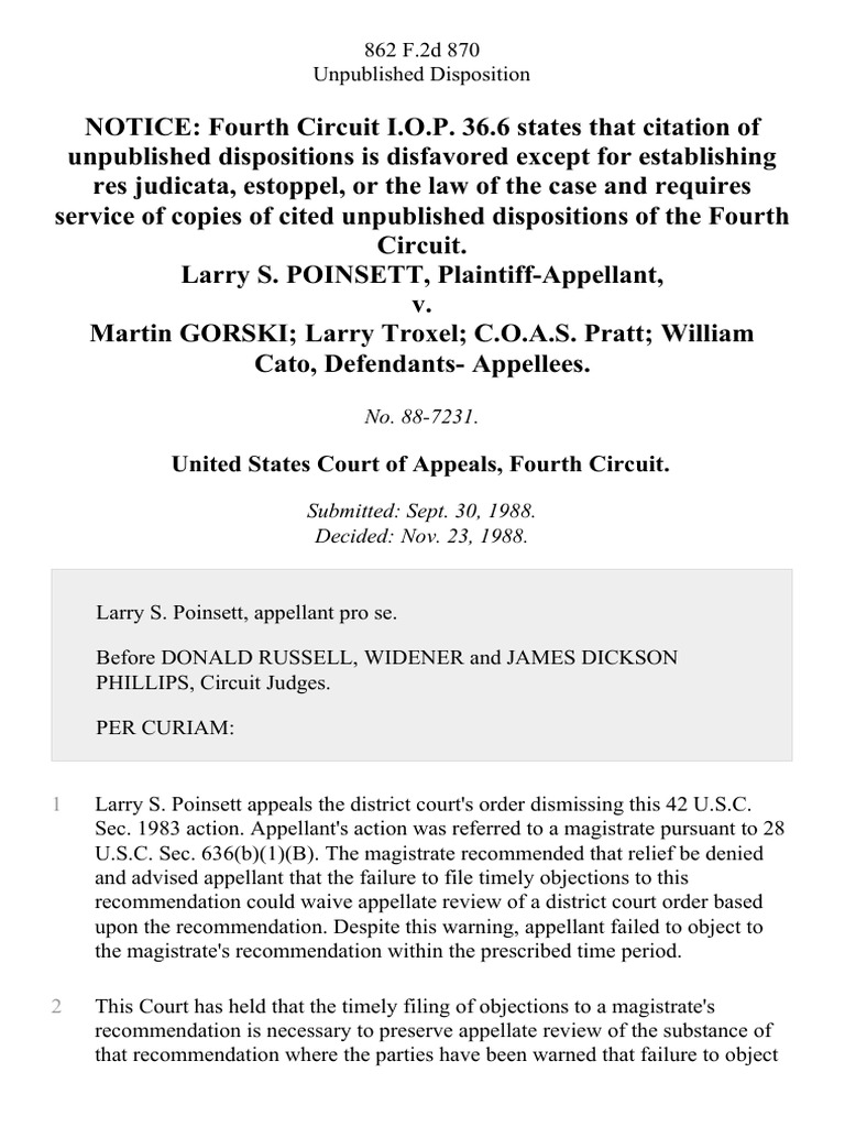 Larry S. Poinsett v. Martin Gorski Larry Troxel C.O.A.S. Pratt William Cato, Defendants, 862 F ...