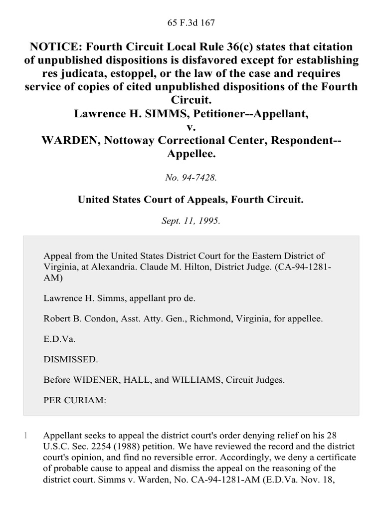 Lawrence H. Simms v. Warden, Nottoway Correctional Center, 65 F.3d 167 ...