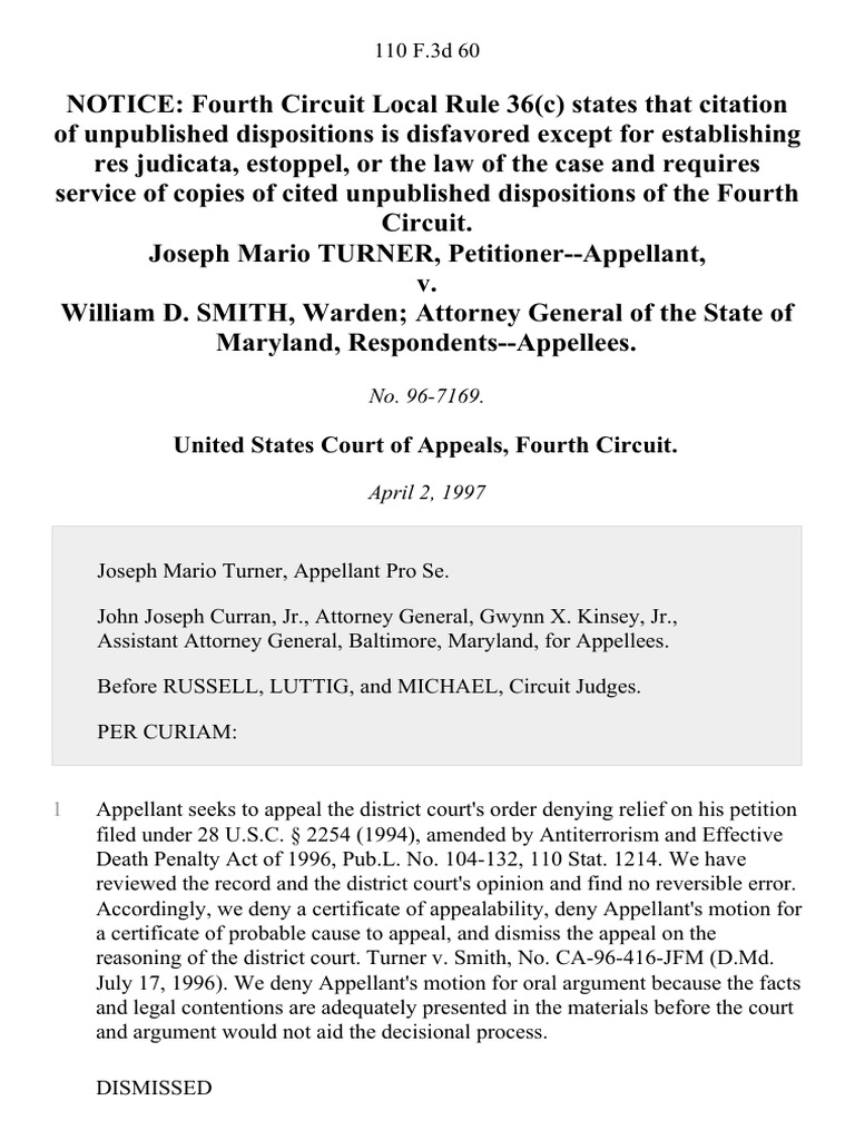 Joseph Mario Turner v. William D. Smith, Warden Attorney General of The ...