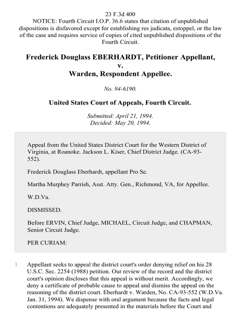 Frederick Douglass Eberhardt v. Warden, 23 F.3d 400, 4th Cir. (1994) | PDF