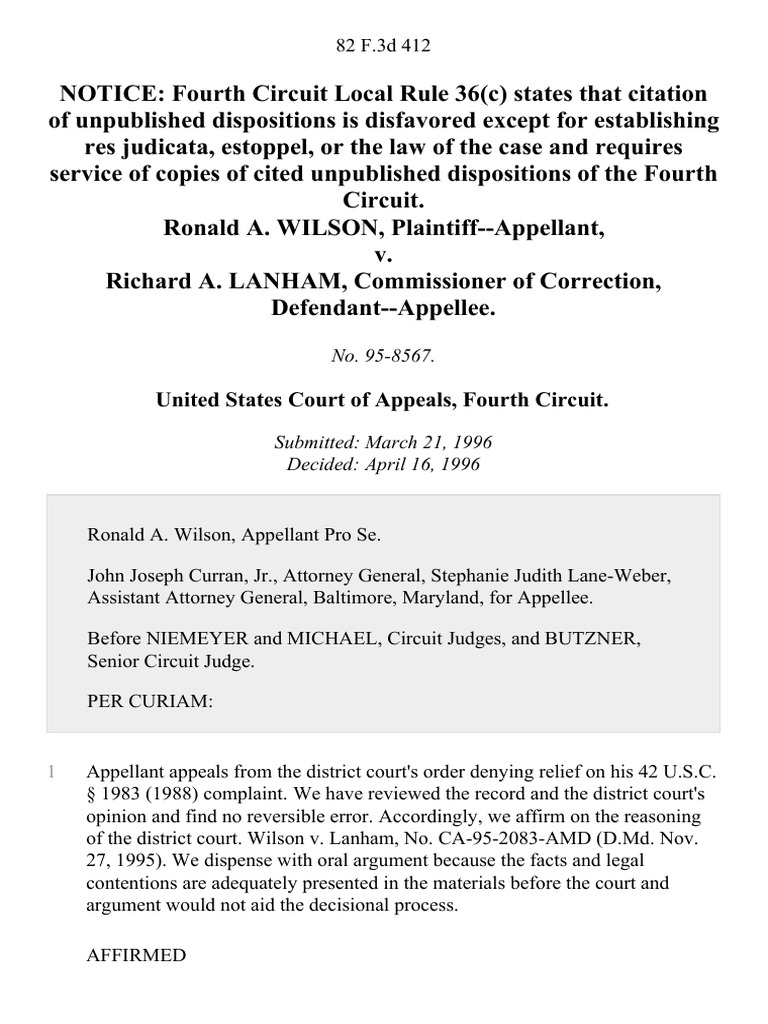 Ronald A. Wilson v. Richard A. Lanham, Commissioner of Correction, 82 F ...