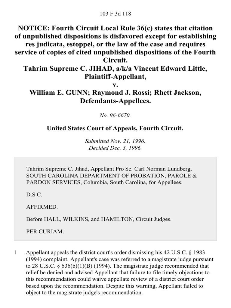 Tahrim Supreme C. Jihad, A/K/A Vincent Edward Little v. William E. Gunn ...