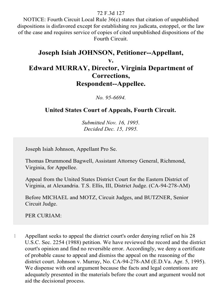 Joseph Isiah Johnson v. Edward Murray, Director, Virginia Department of ...