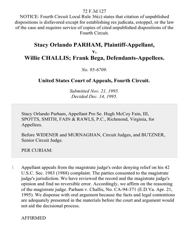Stacy Orlando Parham v. Willie Challis Frank Bega, 72 F.3d 127, 4th Cir ...