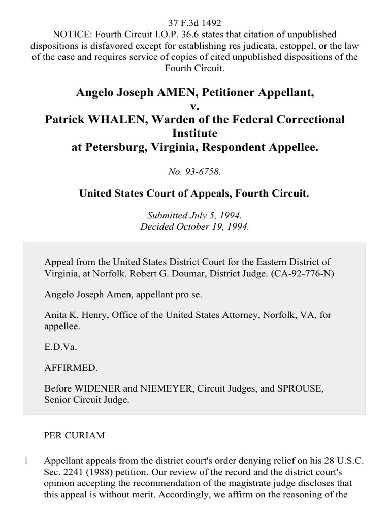 Angelo Joseph Amen v. Patrick Whalen, Warden of The Federal ...
