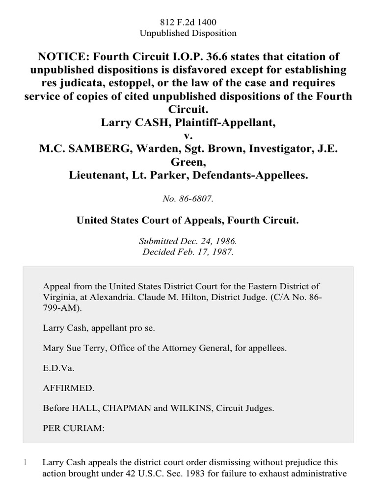 Larry Cash v. M.C. Samberg, Warden, Sgt. Brown, Investigator, J.E. Green, Lieutenant, Lt. Parker ...